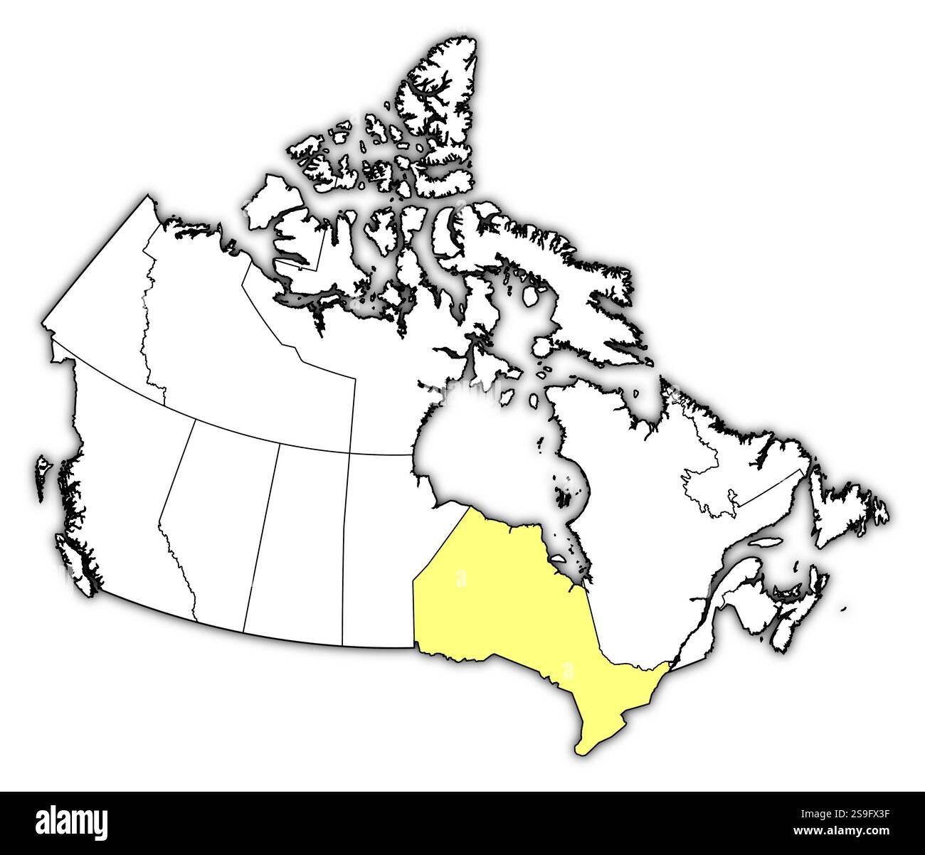 Map of Canada with the provinces, Ontario is highlighted in yellow ...