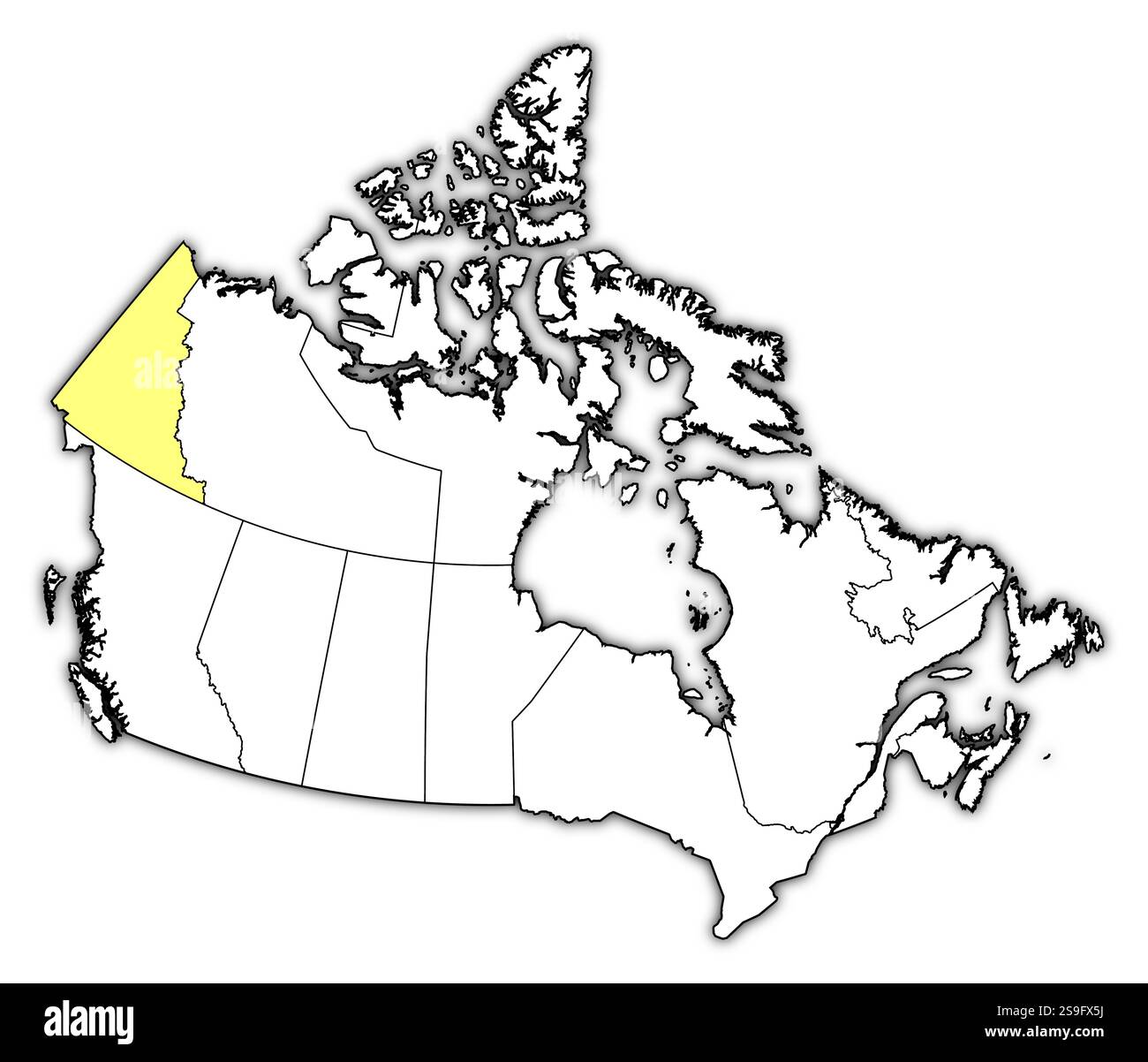 Map of Canada with the provinces, Yukon is highlighted in yellow Stock ...