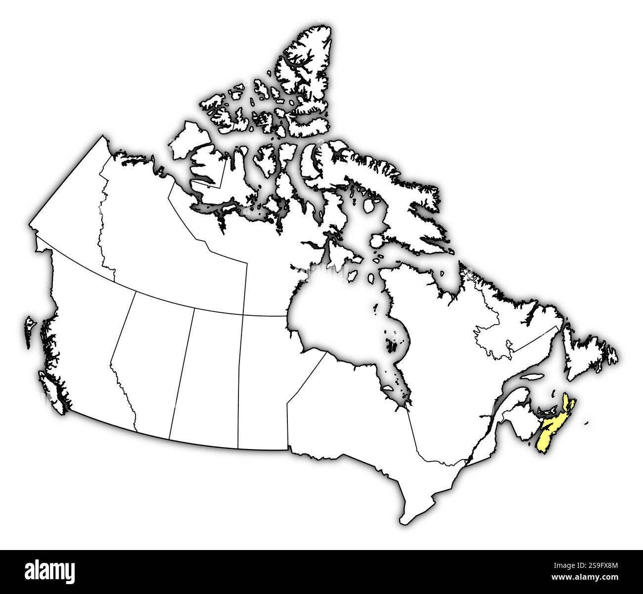 Map of Canada with the provinces, Nova Scotia is highlighted in yellow ...