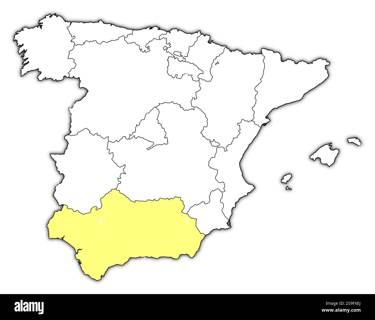 Map of Spain with the provinces, Andalusia is highlighted in yellow ...