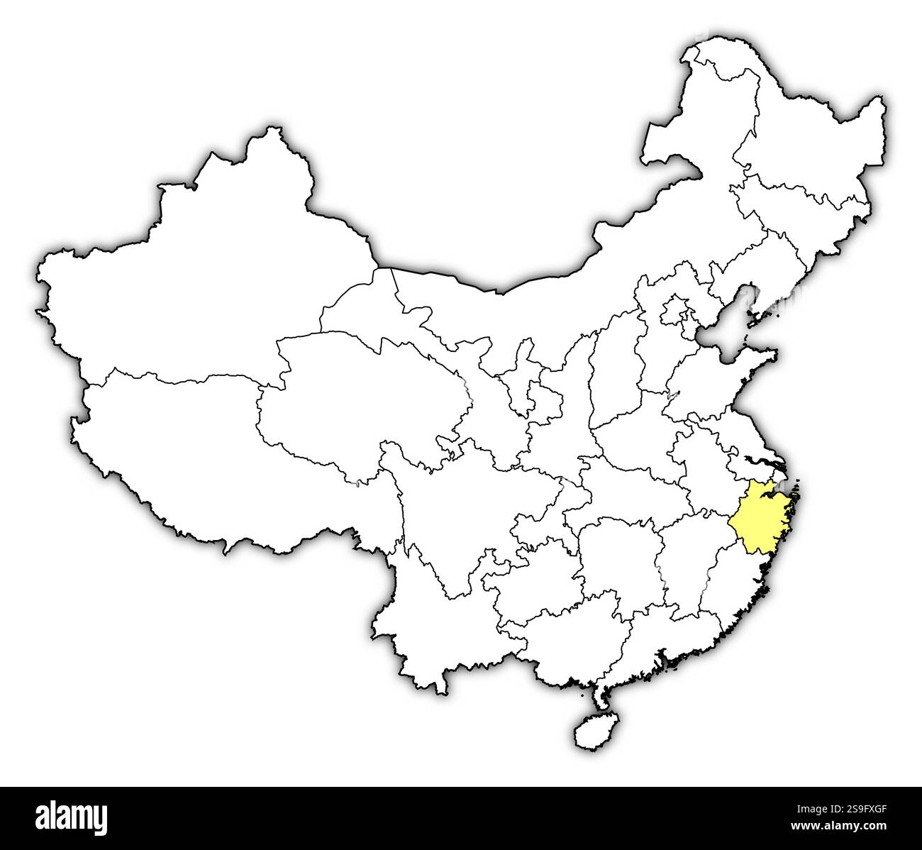 Map of China with the provinces, Zhejiang is highlighted in yellow ...