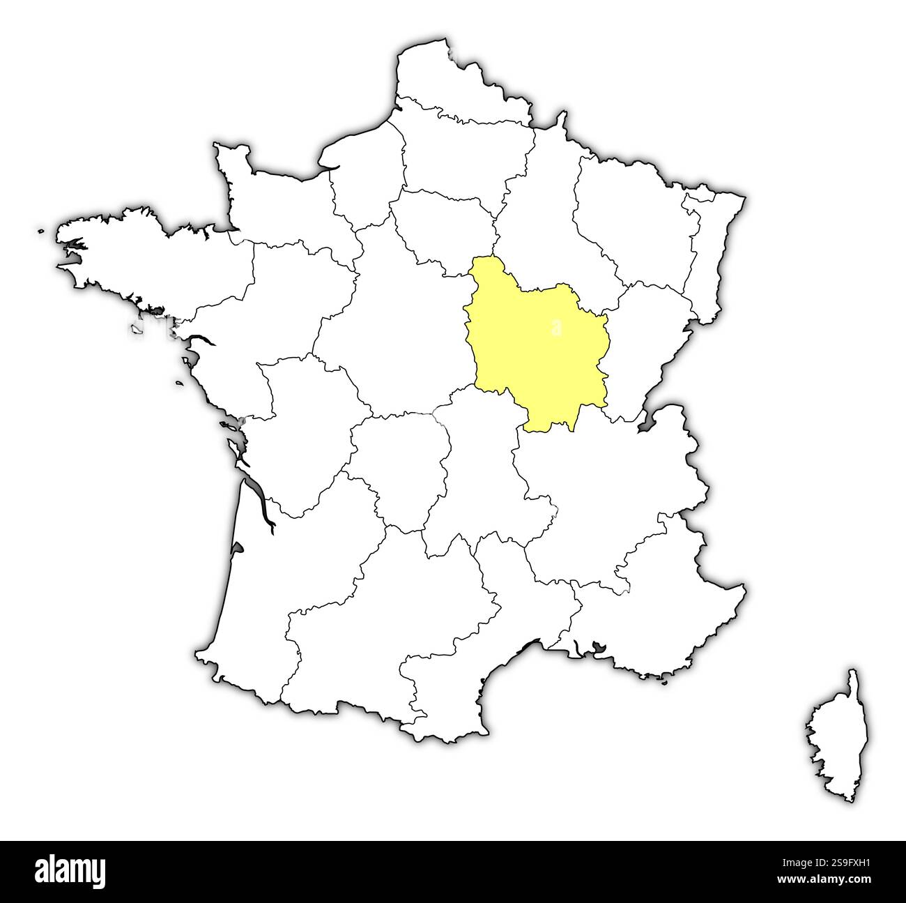 Map of France with the provinces, Burgundy is highlighted in yellow ...