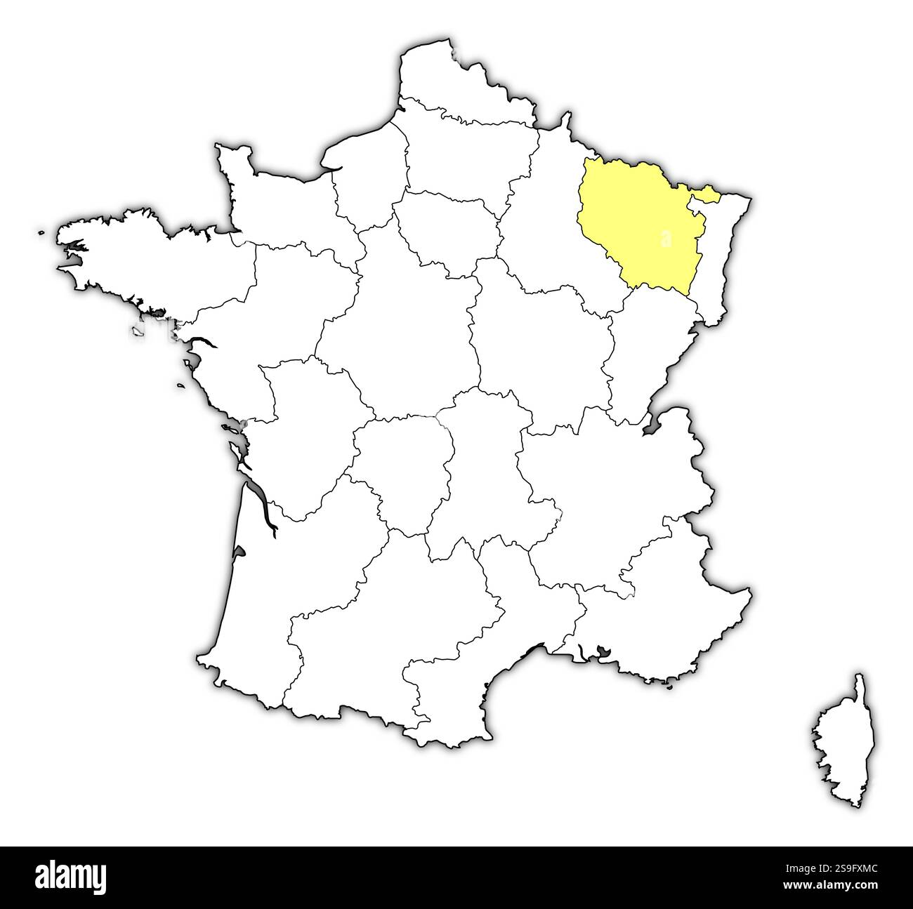 Map of France with the provinces, Lorraine is highlighted in yellow ...
