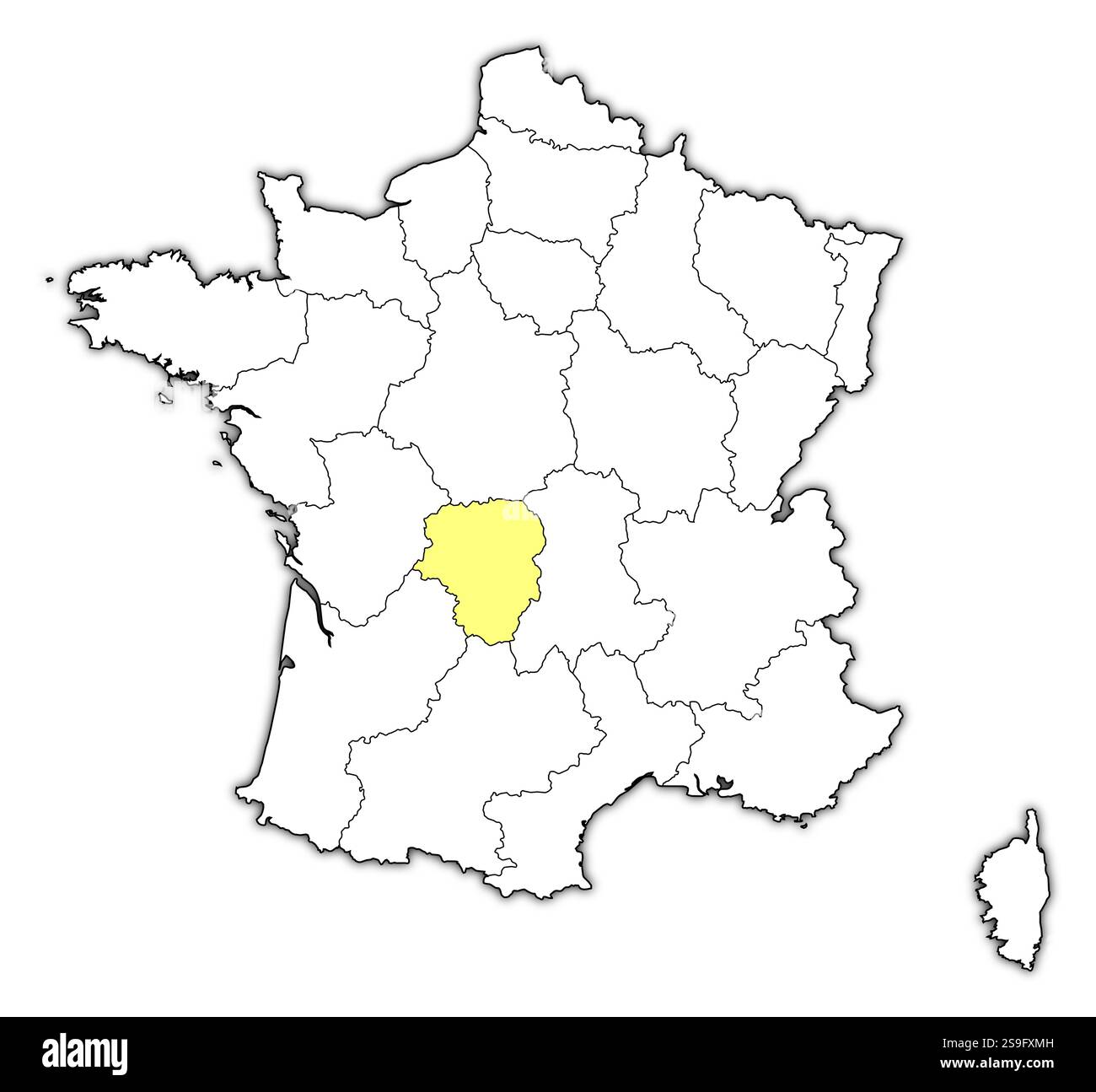 Map of France with the provinces, Limousin is highlighted in yellow ...