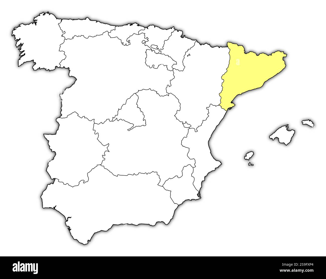 Map of Spain with the provinces, Catalonia is highlighted in yellow ...