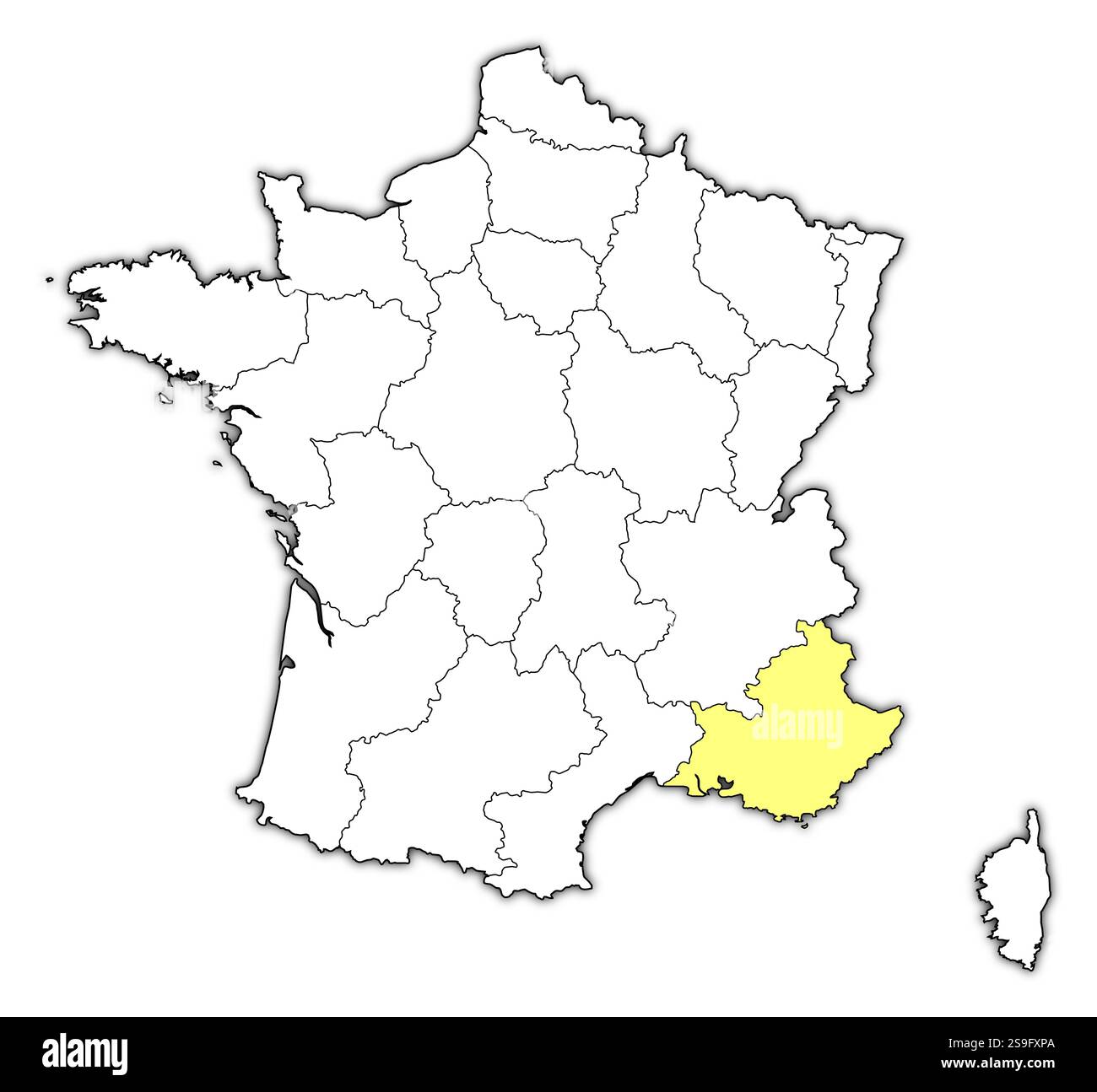 Map of France with the provinces, Provence-Alpes-Côte d'Azur is highlighted in yellow Stock ...