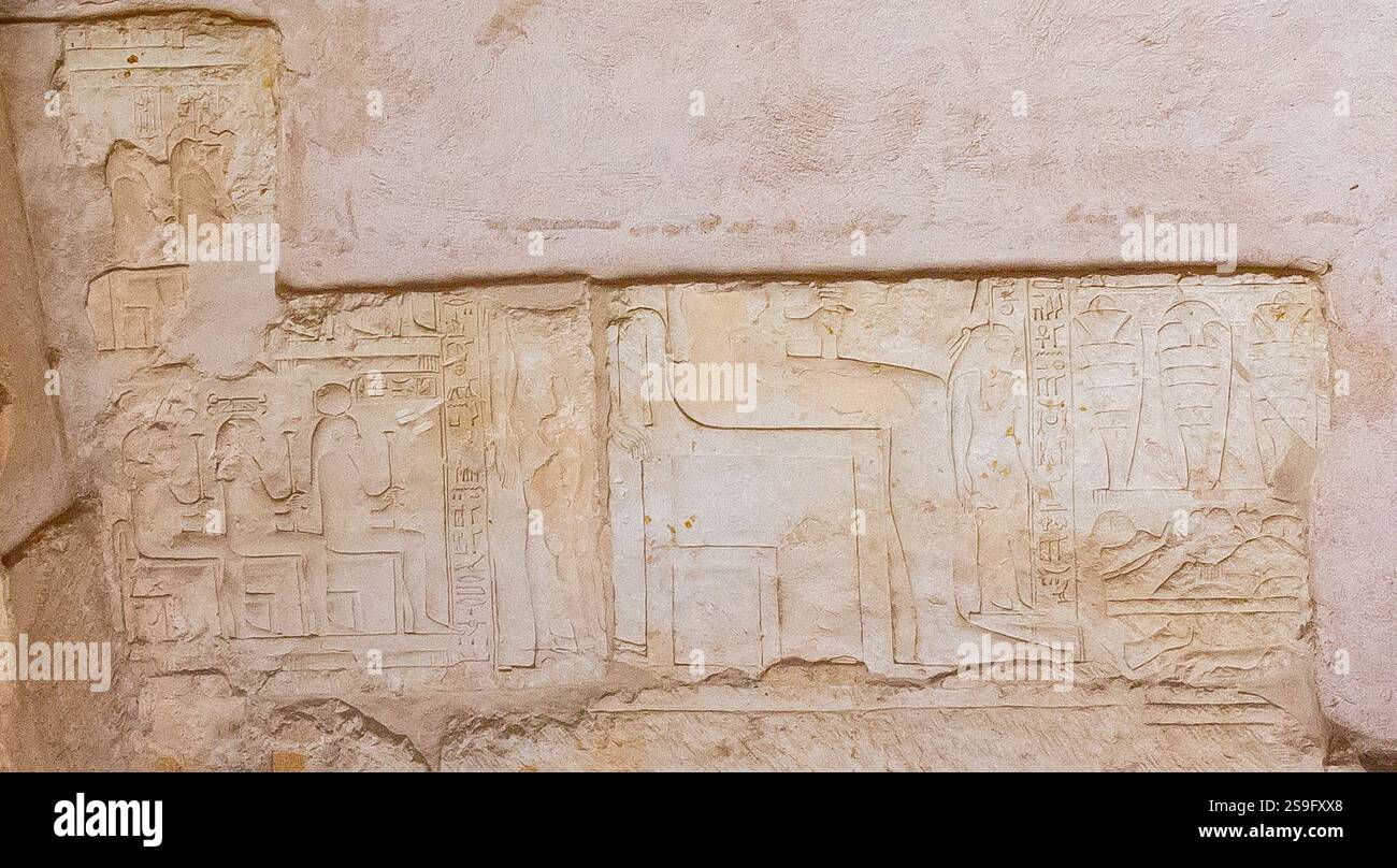 Egypt, Saqqara, tomb of Meryneith, adoration of Osiris, Maât, Isis ...