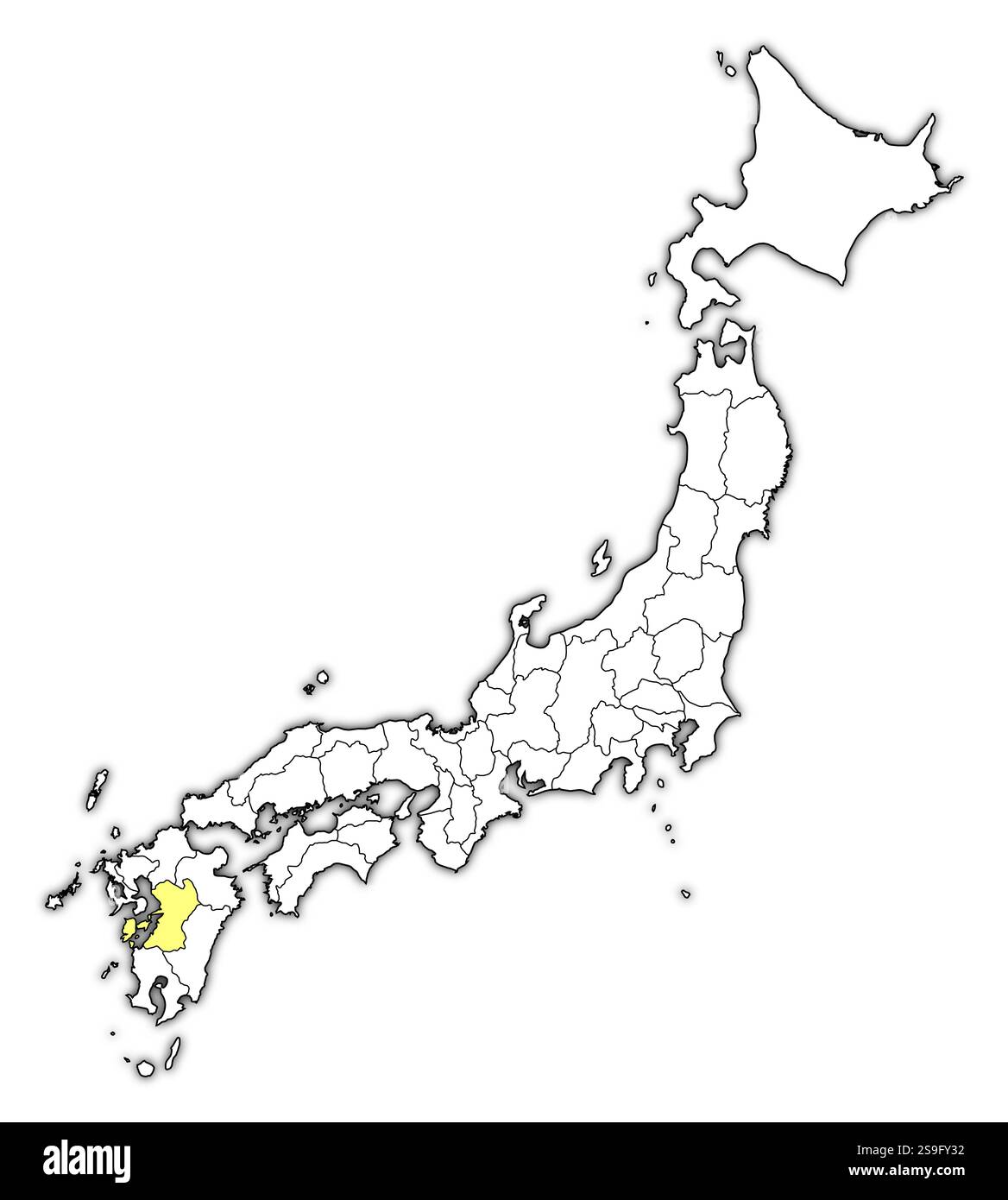 Map of Japan with the provinces, Kumamoto is highlighted in yellow ...