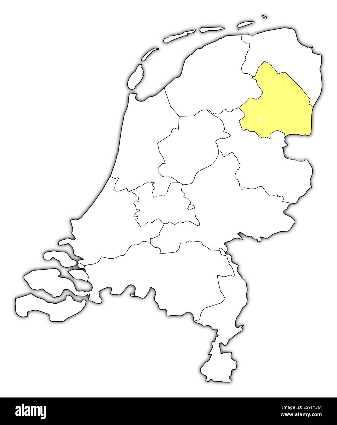 Map of Netherlands with the provinces, Drenthe is highlighted in yellow ...