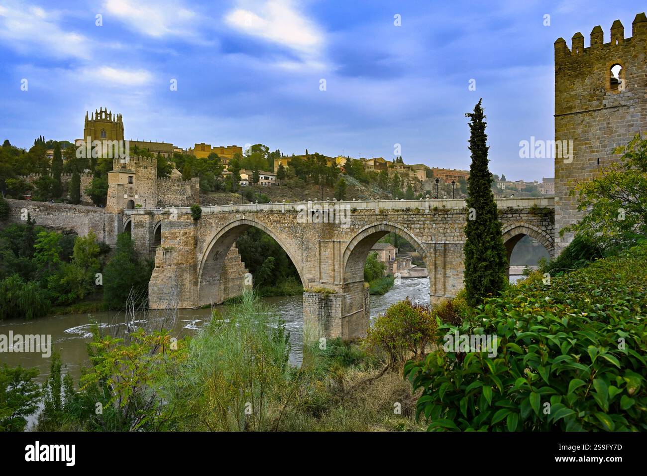 Medieval St. Martins Bridge over the River Tagus in Toledo, Spain Stock ...