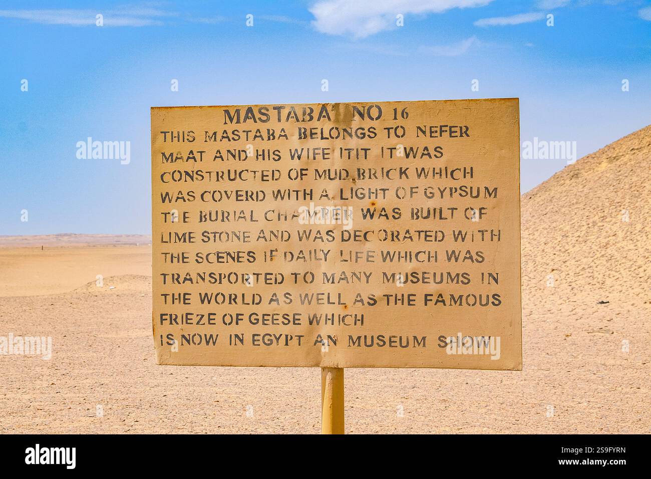 Egypt, Meidum, sign indicating the mastaba of Nefermaat, in the area of ...