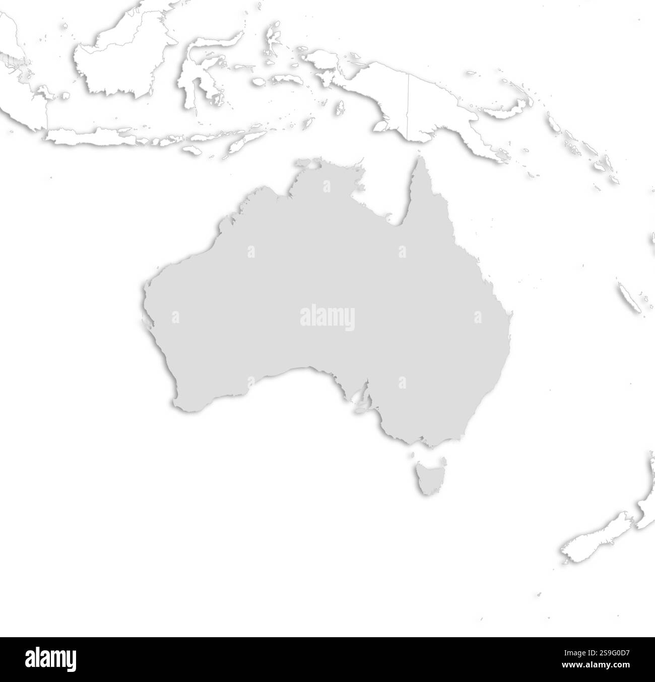 Map of Australia with the nearby countries as a white area over its ...