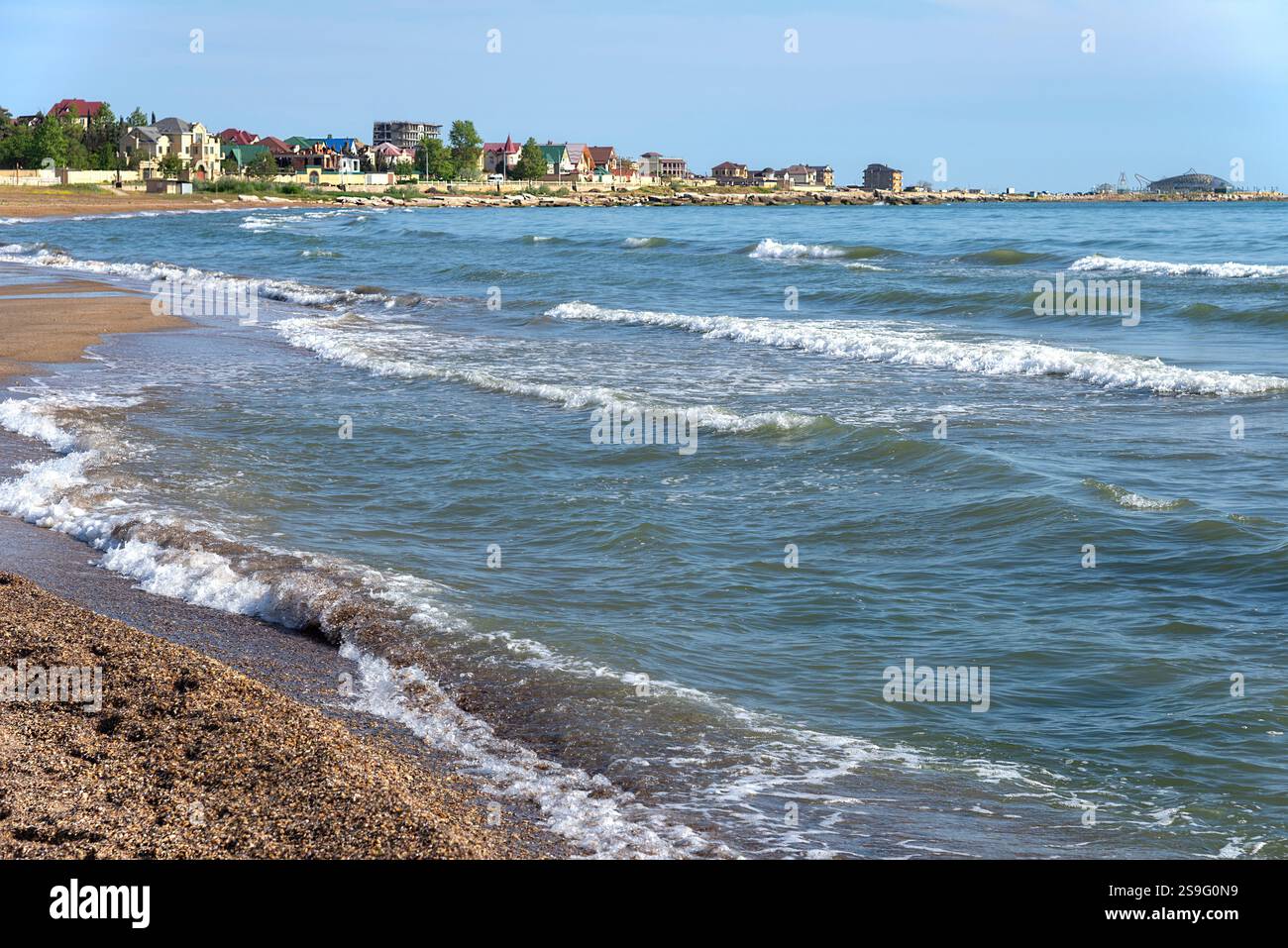 Waves of the Caspian Sea on the beach of Derbent. Republic of Dagestan ...