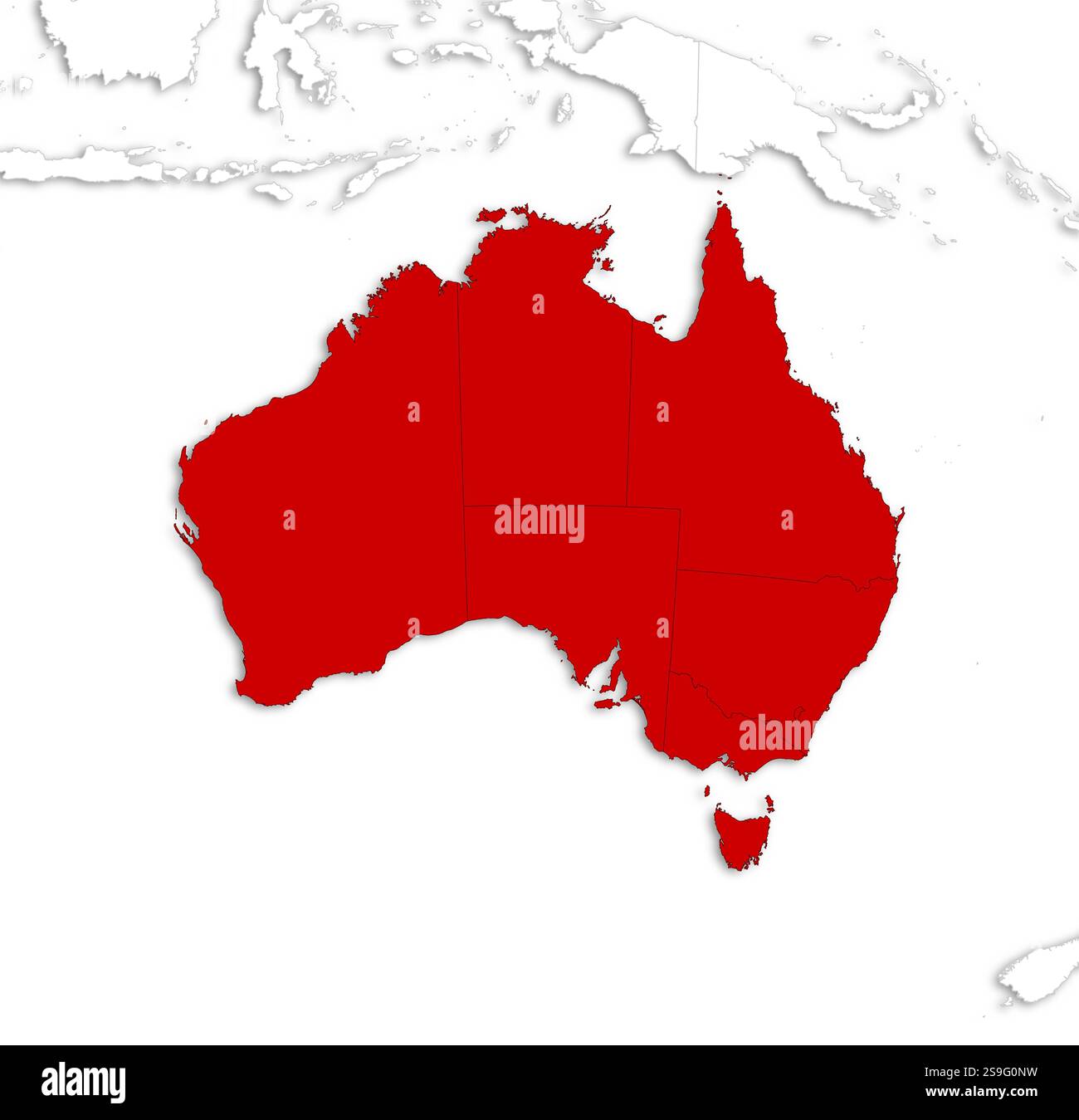 Map of Australia with the provinces and nearby countries as a white ...