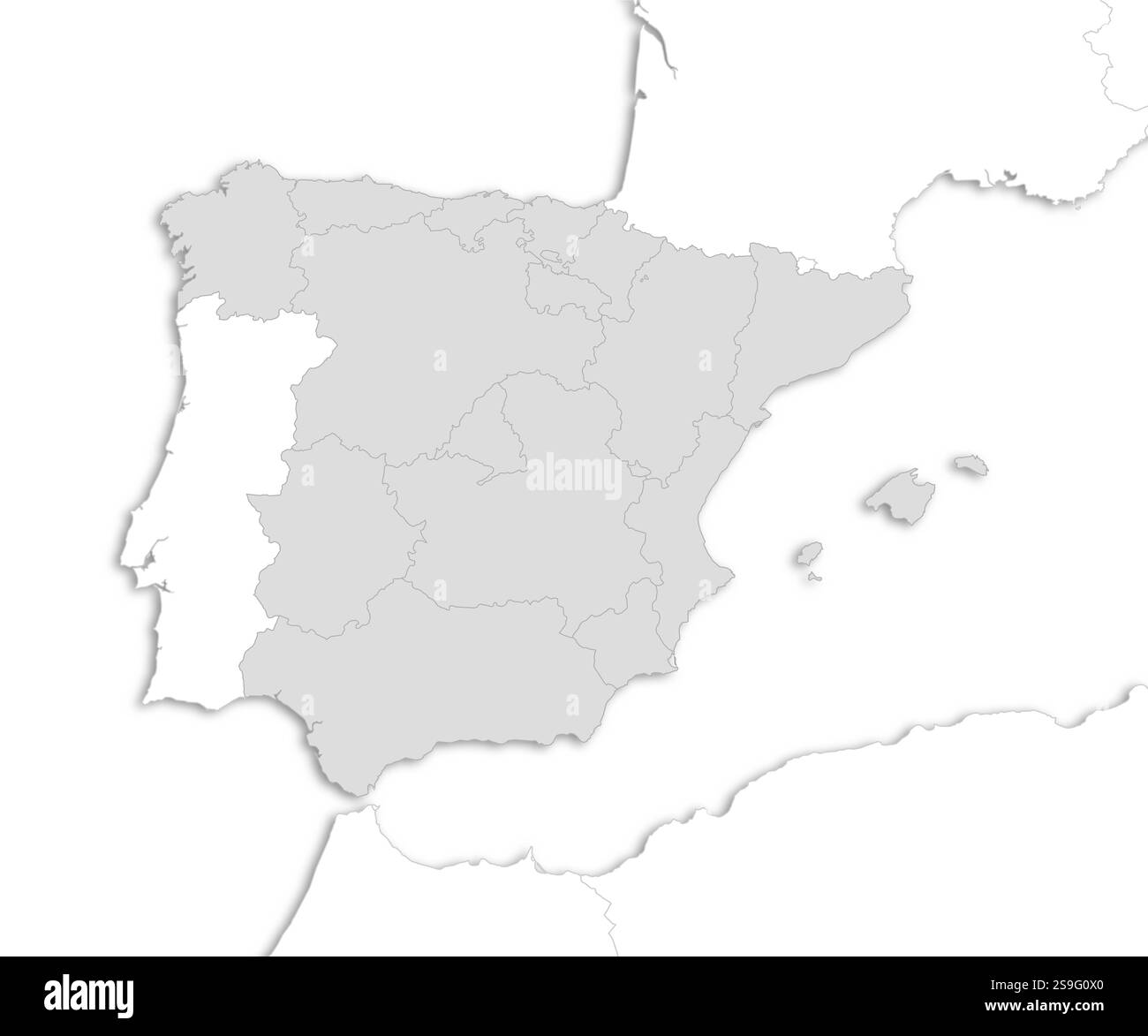 Map of Spain with the provinces and nearby countries as a white area ...