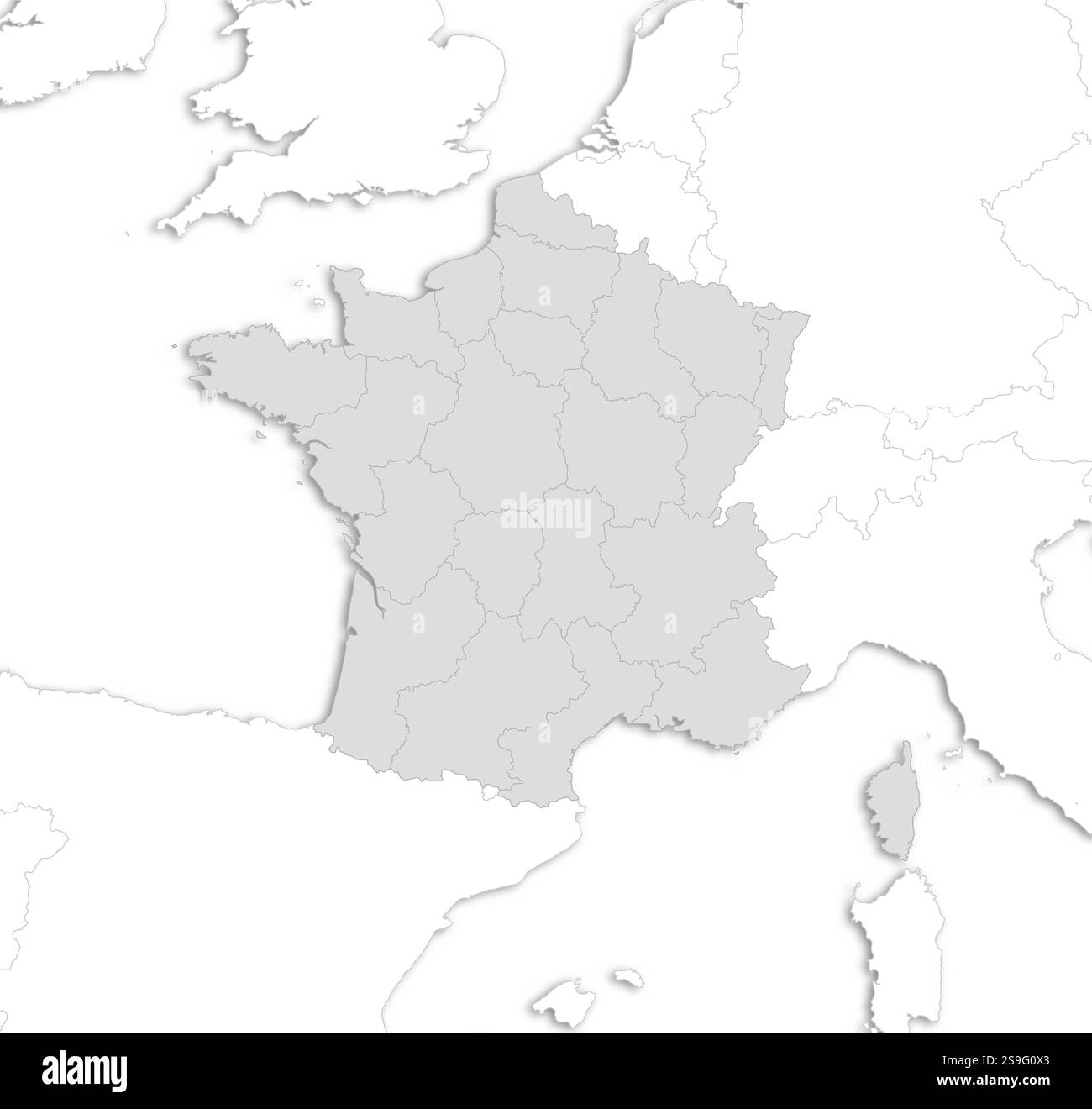 Map of France with the provinces and nearby countries as a white area ...