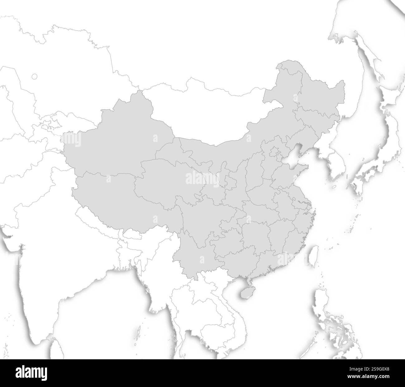 Map of China with the provinces and nearby countries as a white area ...