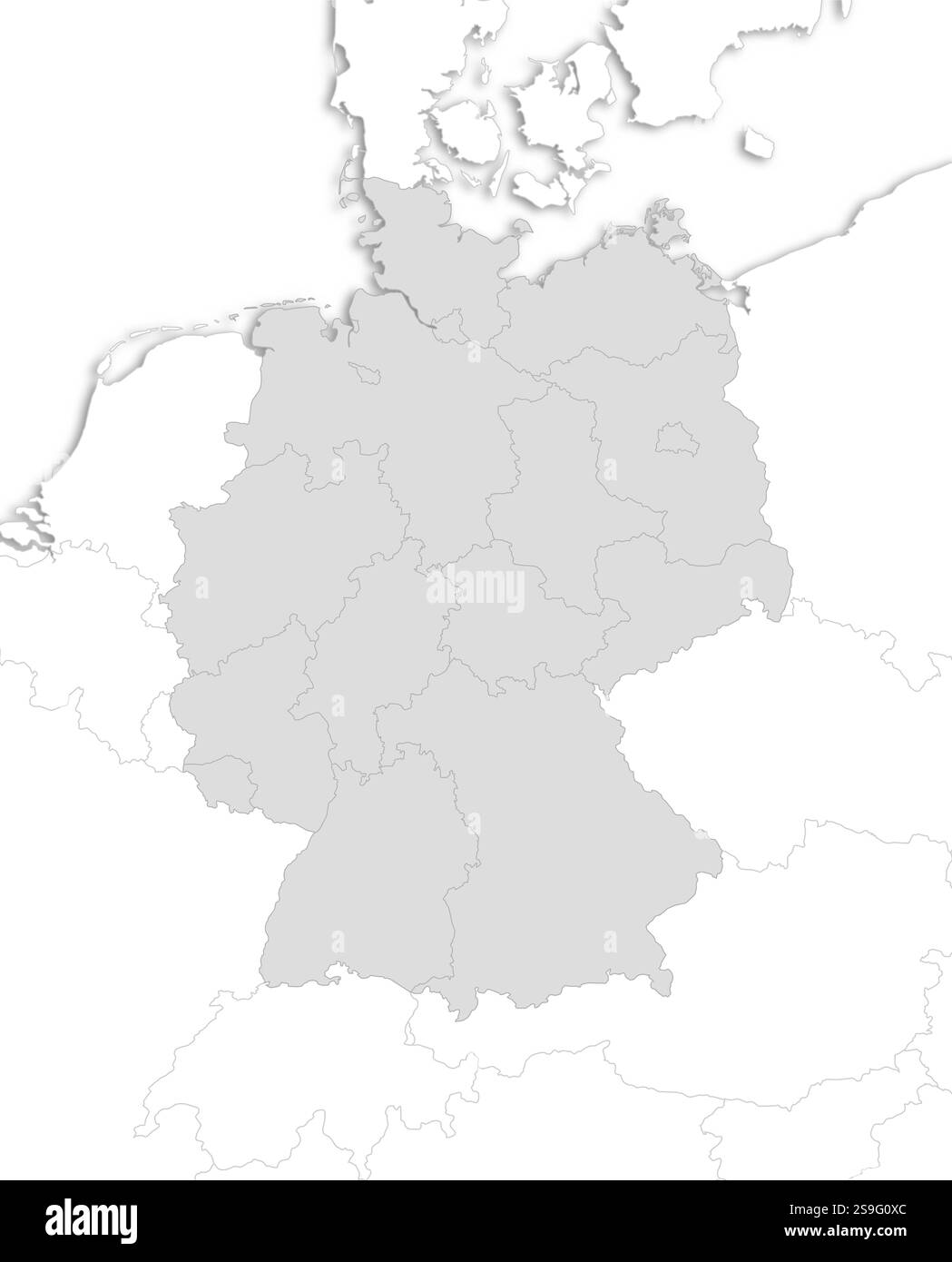 Map of Germany with the provinces and nearby countries as a white area ...