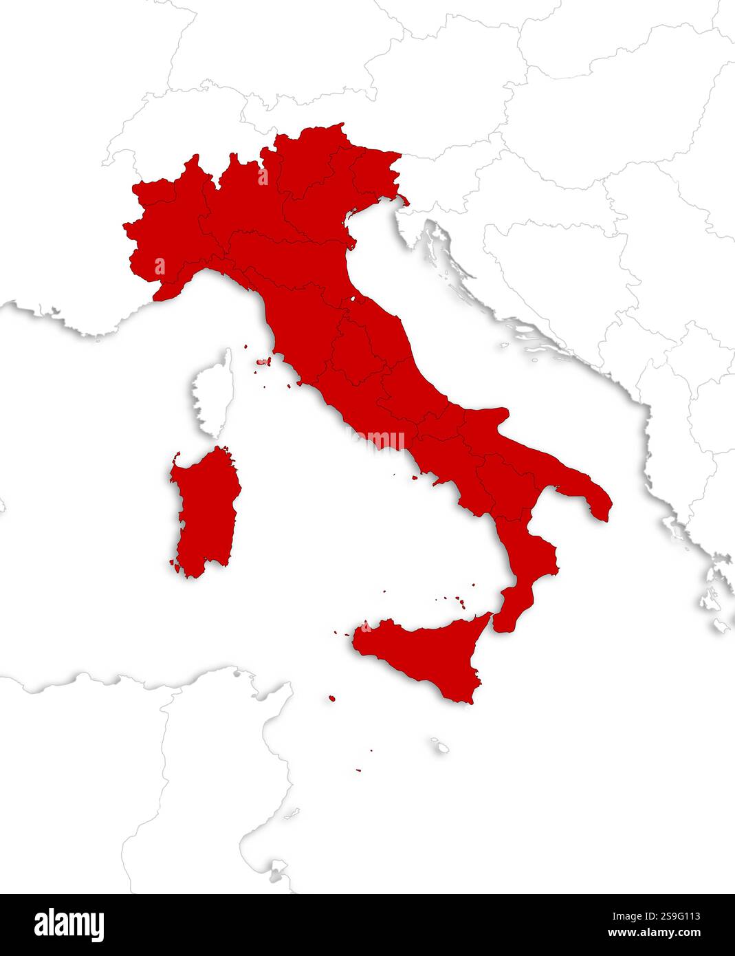 Map of Italy with the provinces and nearby countries as a white area ...