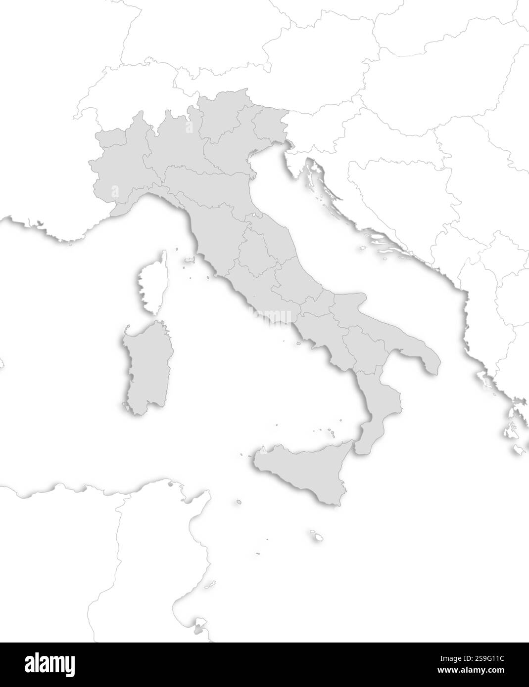 Map of Italy with the provinces and nearby countries as a white area ...