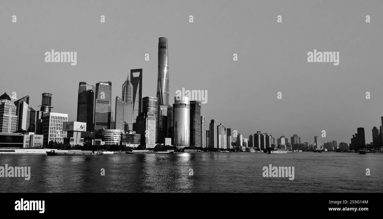 Shanghai, China 12.01.2024: The iconic Shanghai skyline captured in a timeless black and white ...