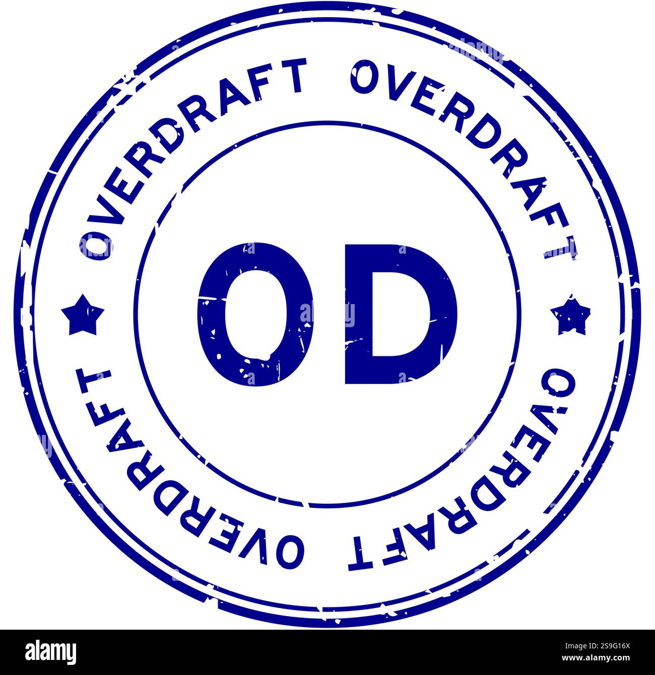 Grunge blue OD overdraft word round rubber seal stamp on white ...