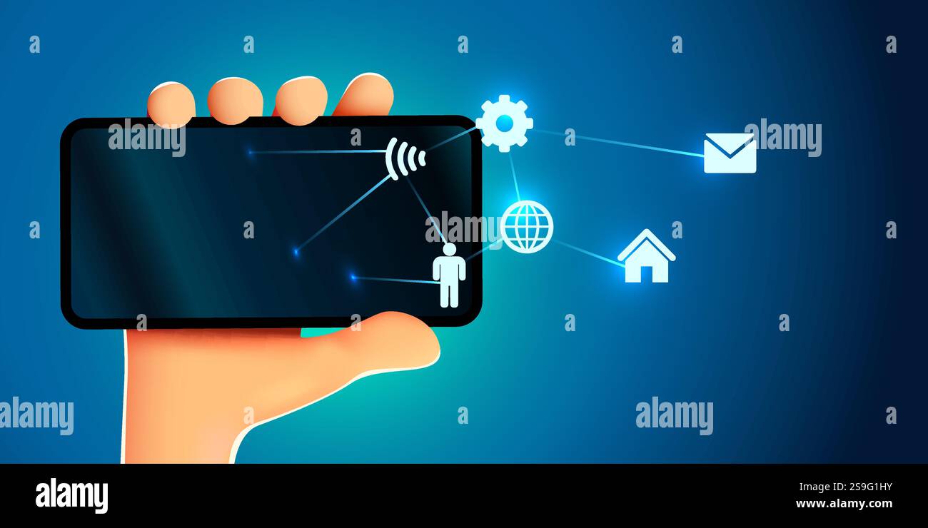 Hand holding smartphone with internet icons. Vector illustration Stock ...