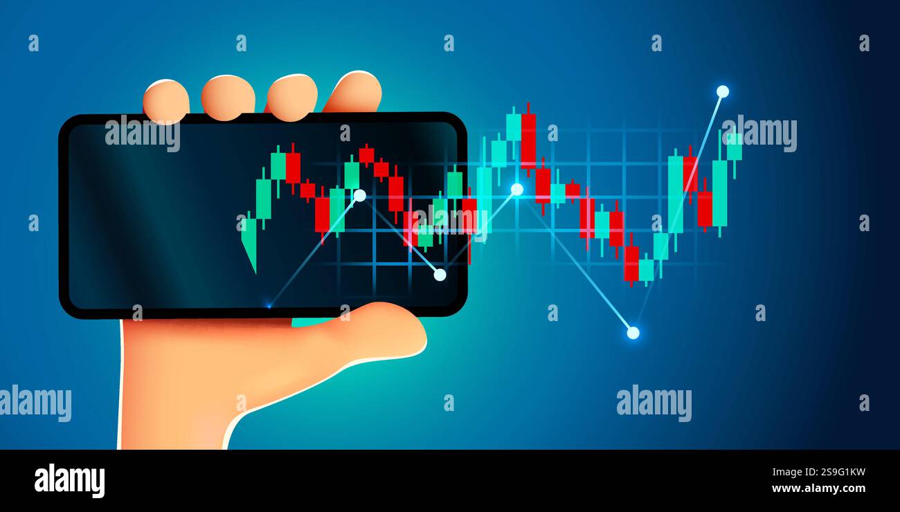 Hand holding smartphone with Financial analytics. Mobile stock trading ...