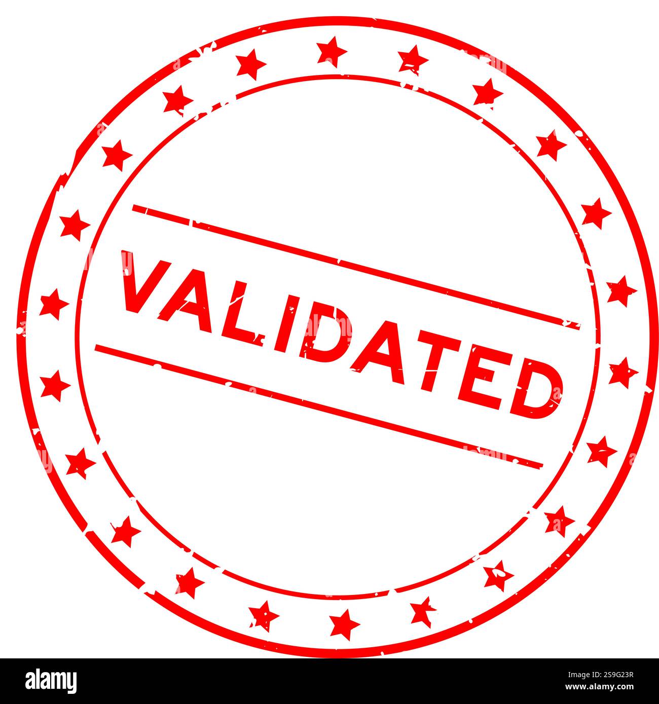 Grunge red validated word round rubber seal stamp on white background ...