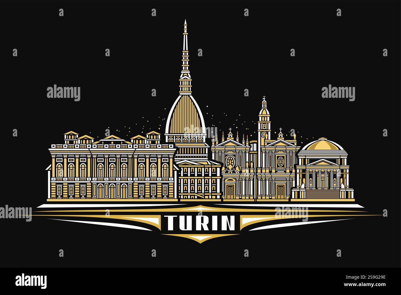 Vector illustration of Turin, dark horizontal card with linear design ...