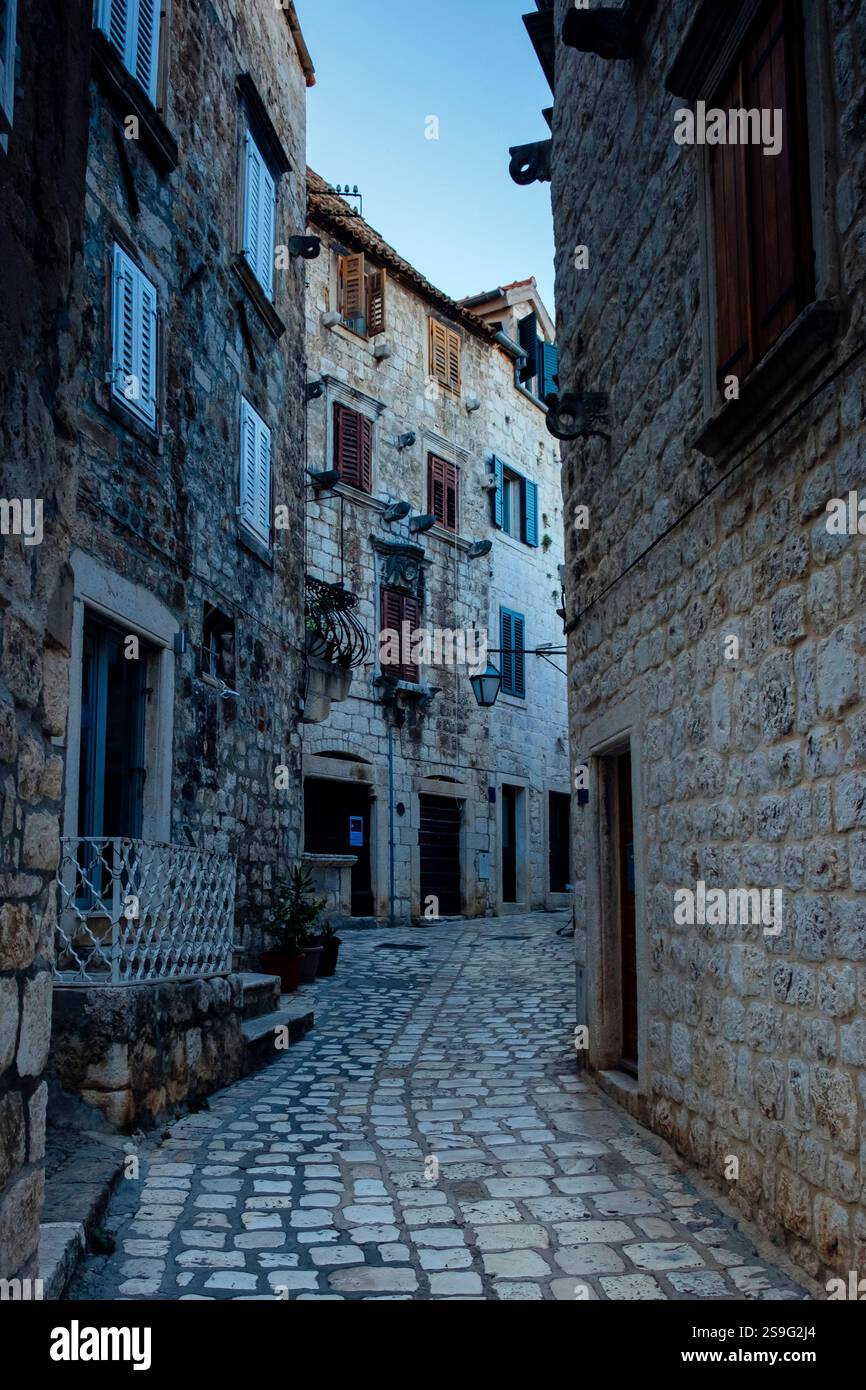 Cobbled streets & old buildings of Old Town, Hvar, Croatia Stock Photo ...
