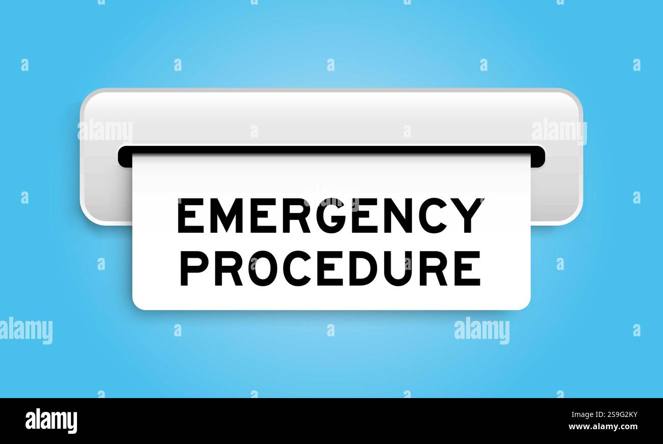 White coupon banner with word emergency procedure from machine on blue ...
