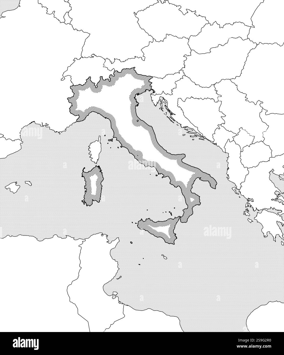 Map of Italy and nearby countries in black and white, Italy is ...