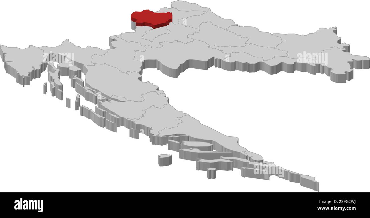 Map of Croatia as a gray piece., Krapina-Zagorje is highlighted in red ...