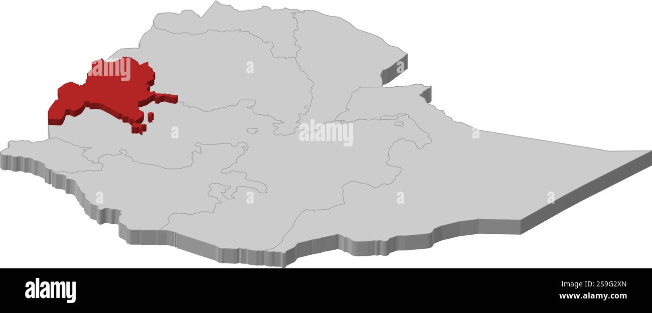 Map of Ethiopia as a gray piece, Benishangul-Gumuz is highlighted in ...