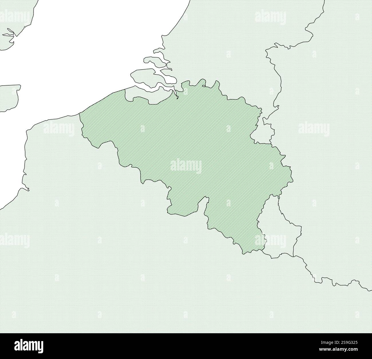 Map of Belgium and nearby countries, Belgium is shaded wirh green lines ...