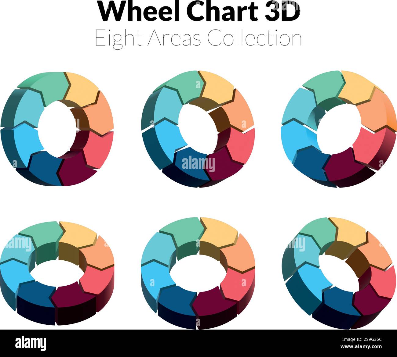3D wheel chart with green, yellow, orange, red, brown, blue, light blue ...
