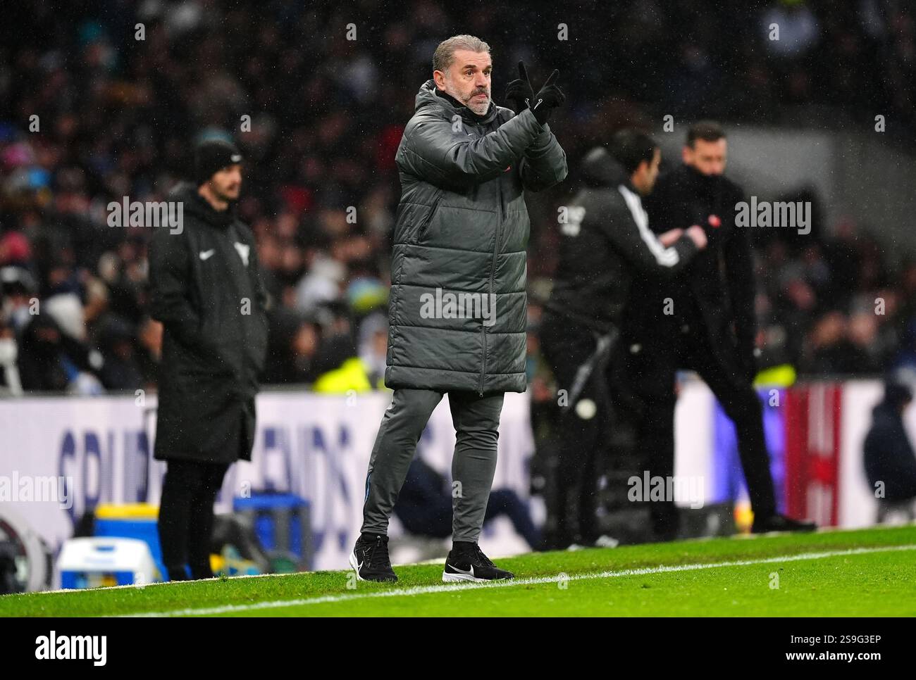Tottenham Hotspur manager Ange Postecoglou instructs his players during ...