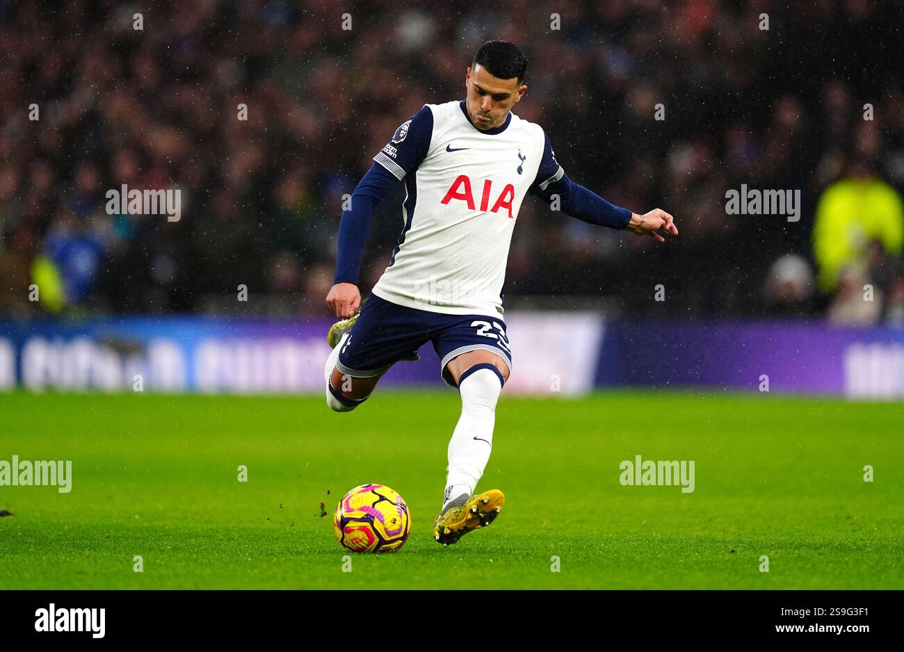Tottenham Hotspur's Pedro Porro takes a free-kick which hits the bar ...
