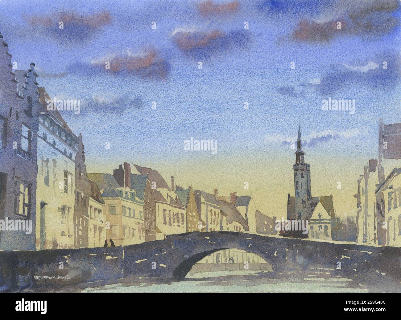 Bruges, Belgium sunset painting. Watercolor painting Belfry of Bruges ...