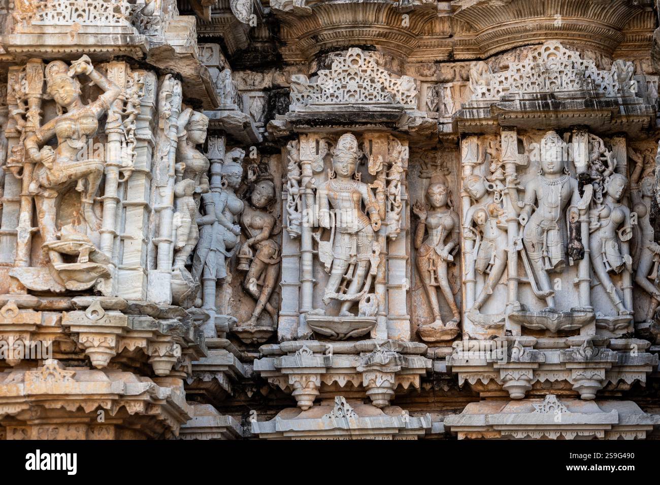 India. Rajasthan. Chittorgarh. Chittor Fort. Bas relief of divinities ...