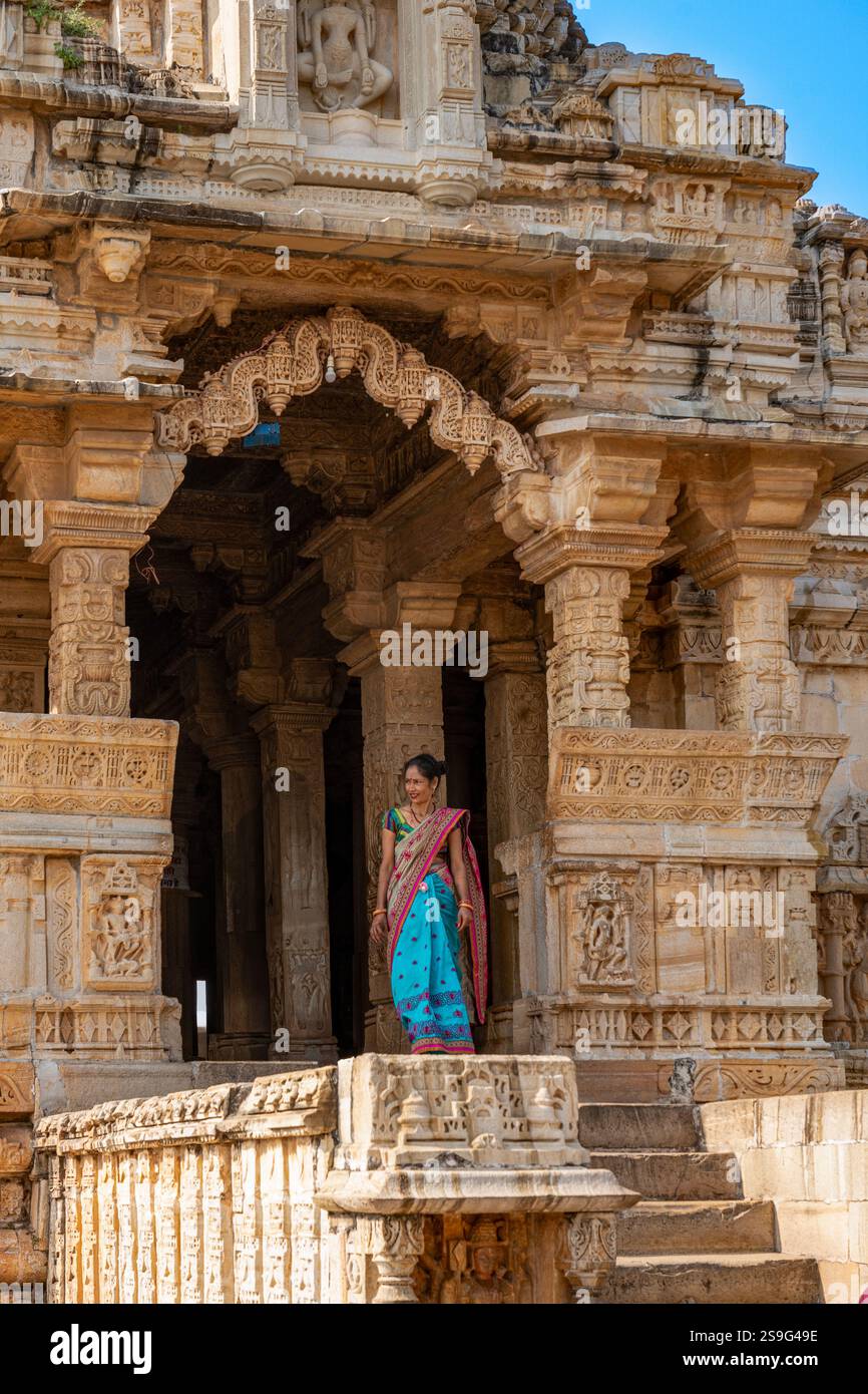 India. Rajasthan. Chittorgarh. Chittor Fort. An Indian woman stands in ...