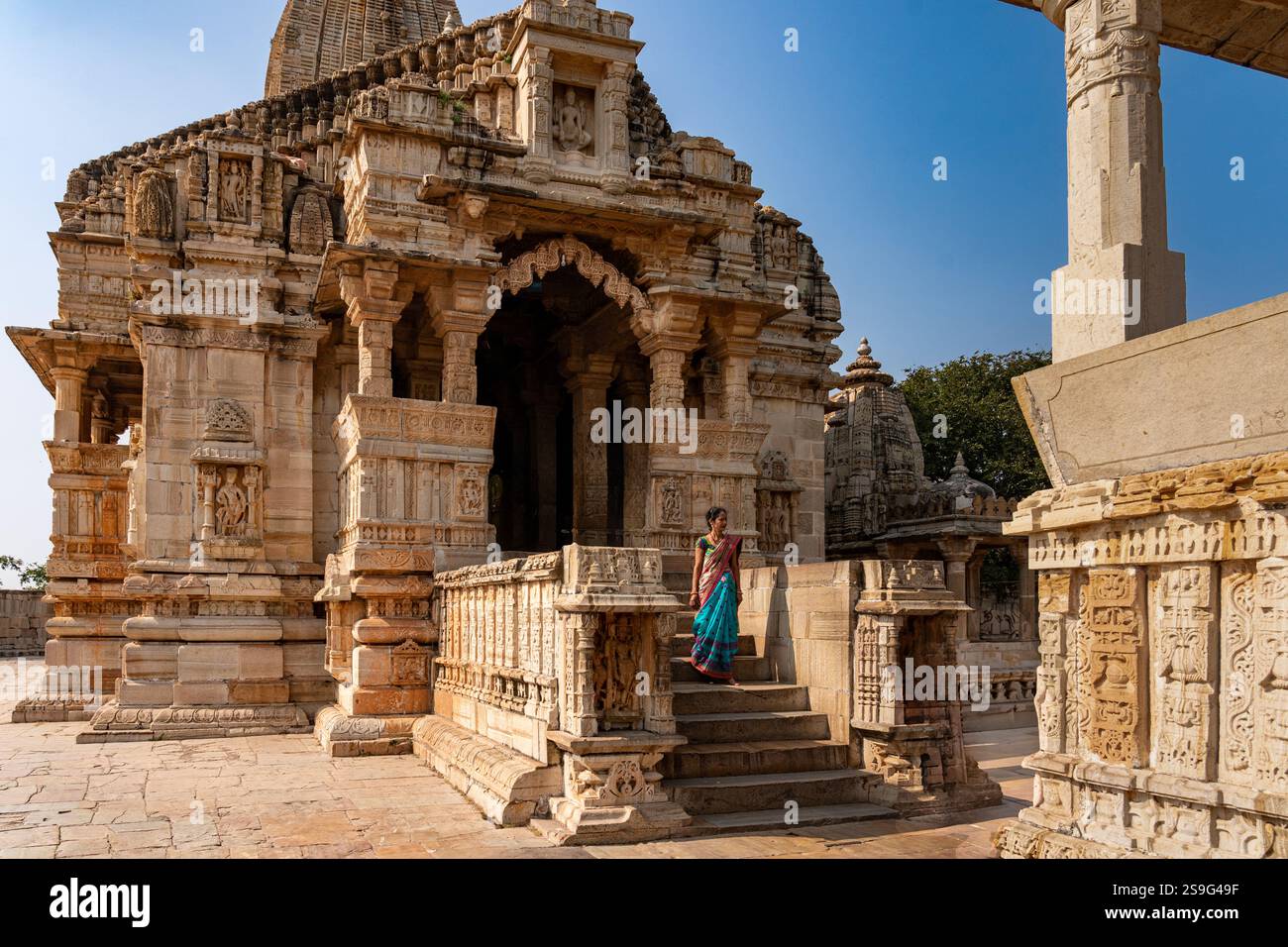 India. Rajasthan. Chittorgarh. Chittor Fort. An Indian woman stands in ...