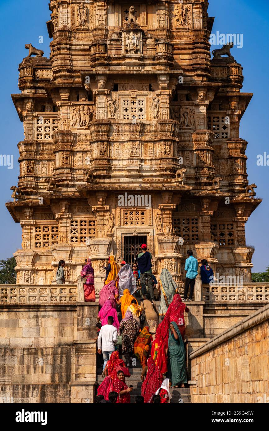 India. Rajasthan. Chittorgarh. Chittor Fort. Indian people visit Vijaya ...