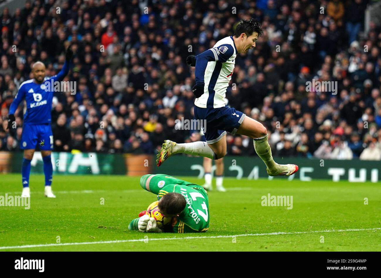Leicester City goalkeeper Jakub Stolarczyk (right) gathers the ball from Tottenham Hotspur's Son ...