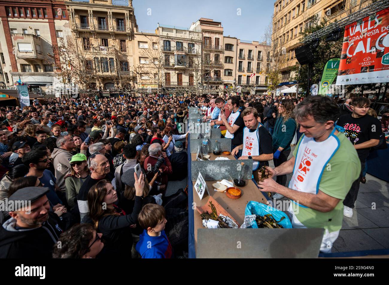 Calçot eating contest during the Festa de la Calçotada, on January 26 ...