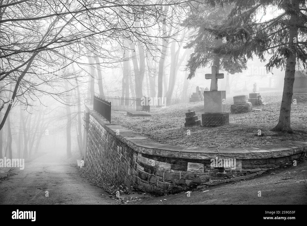 Spooky graveyard scene in deep fog with endless path Stock Photo - Alamy