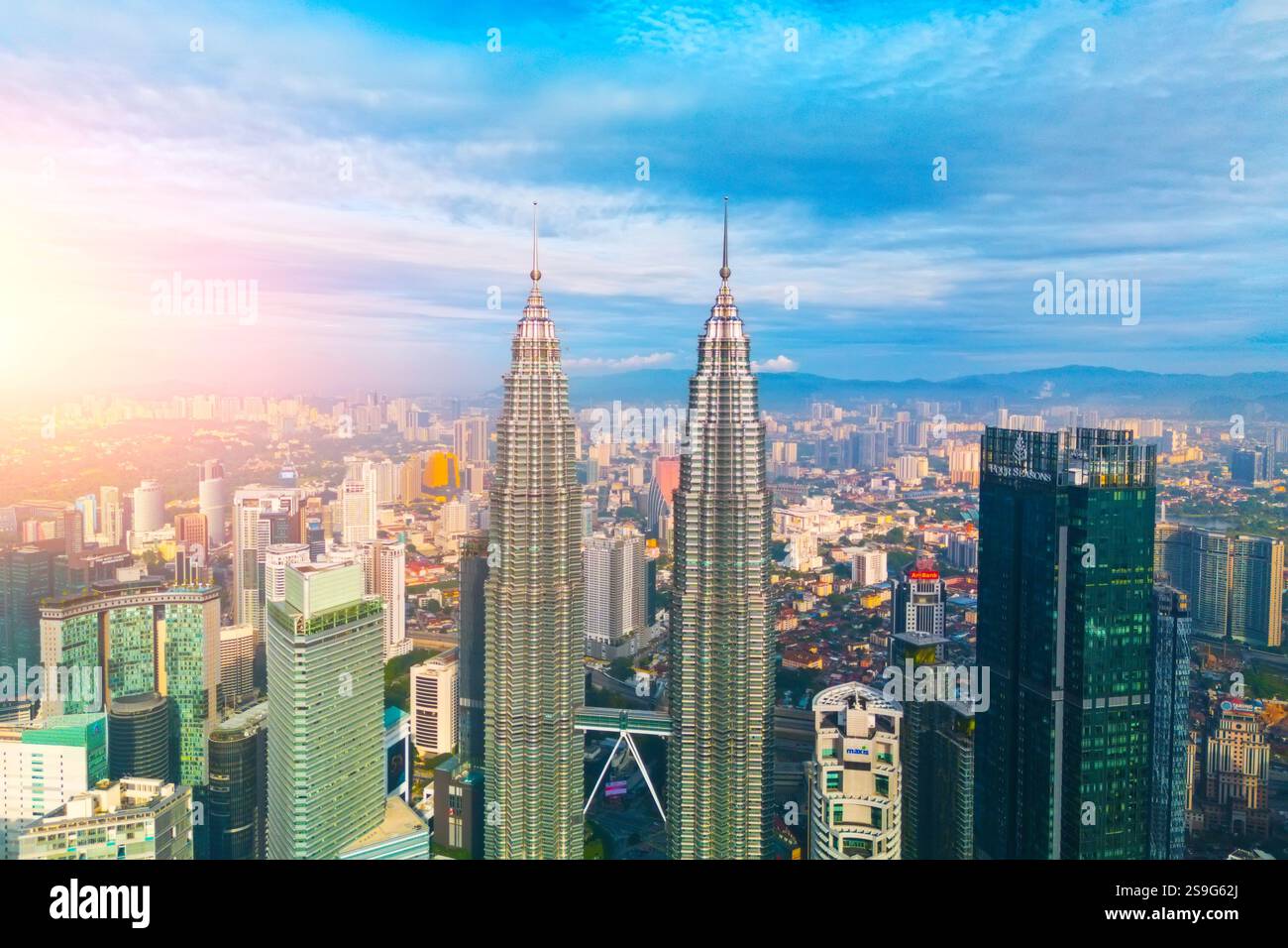 Aerial view rise take off high shot panorama Petronas Twin Towers in ...