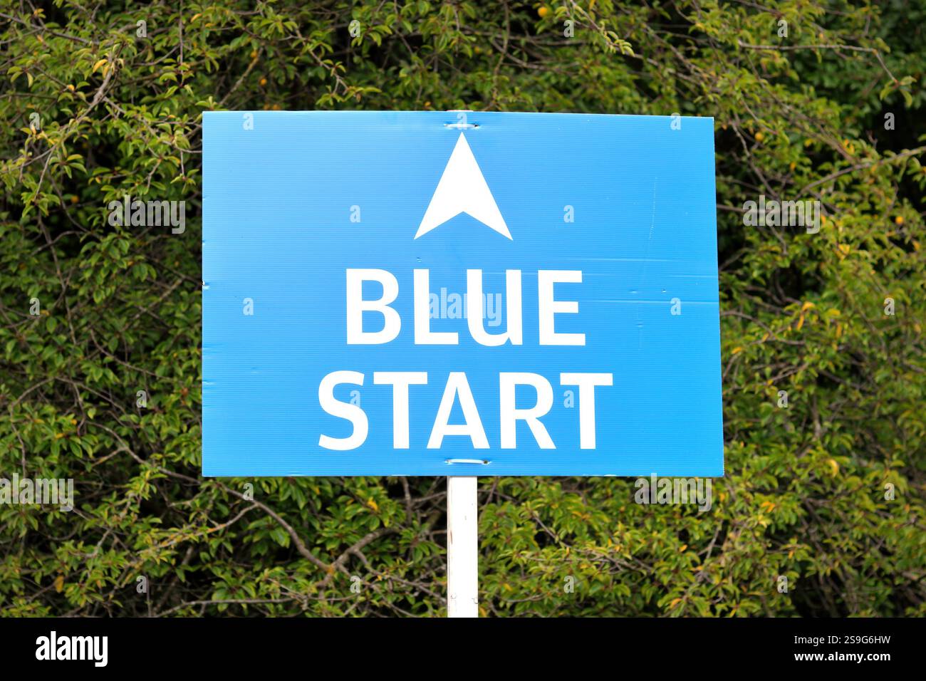 Board with arrow indicating directions to blue start Stock Photo - Alamy