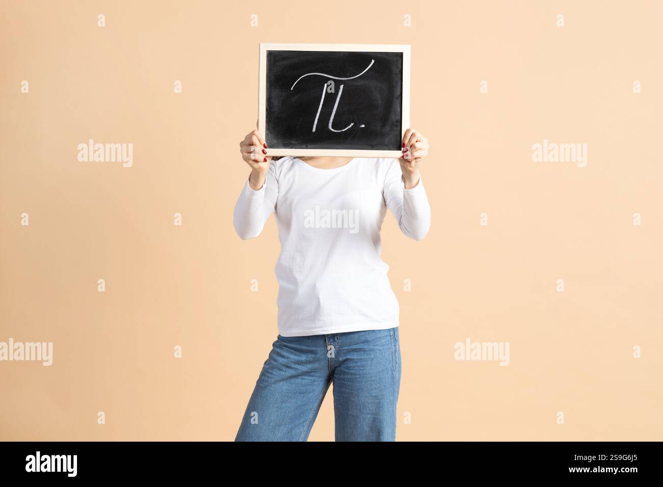 Back to school, international Pi day concept. Woman holding and ...